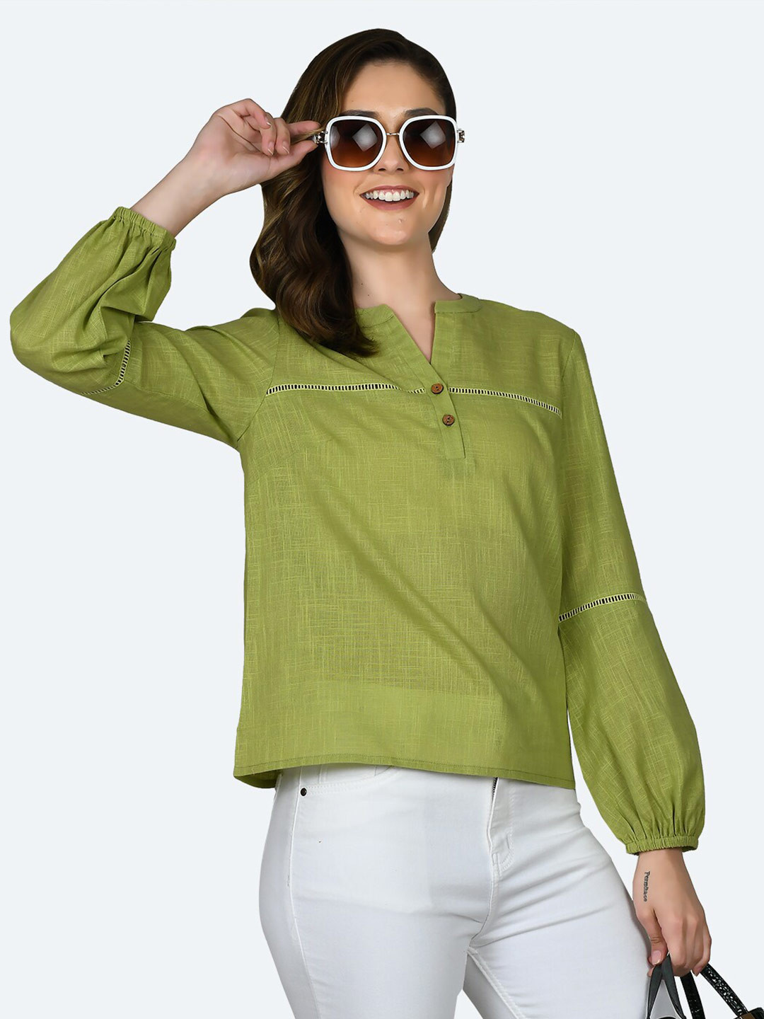 Buy Zink London Mandarin Collar Puffed Sleeves Top - Tops for Women ...