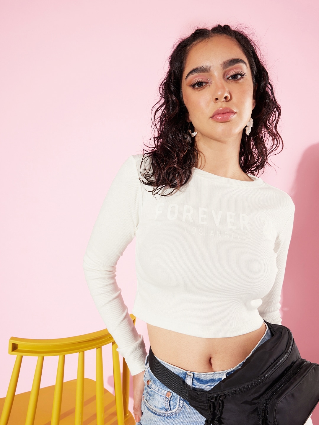 Buy Forever 21 Brand Logo Print And Ribbed Knitted Fitted Crop Top Tops