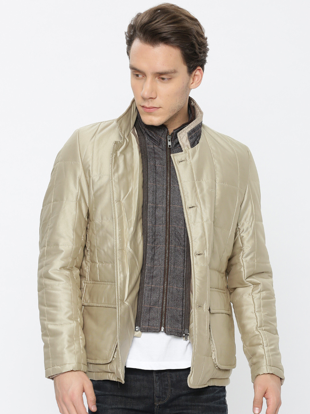 Buy ColorPlus Men Beige Solid Quilted Jacket - Jackets for Men 2255750 ...