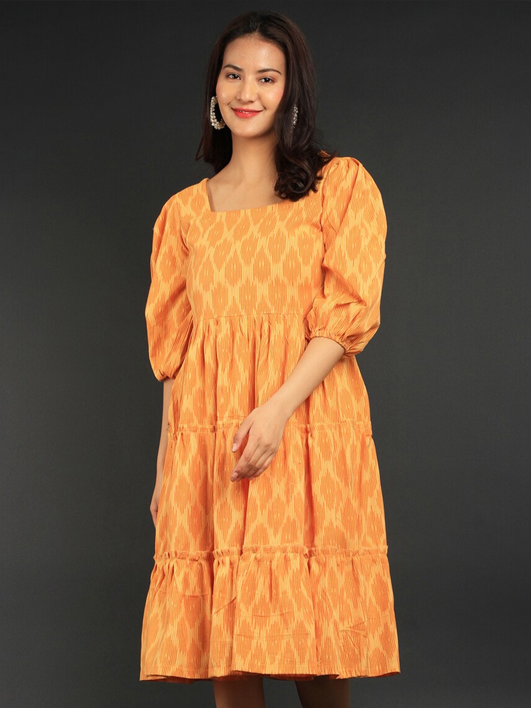 Buy Indophilia Ikat Printed Pure Cotton A Line Midi Dress Dresses For
