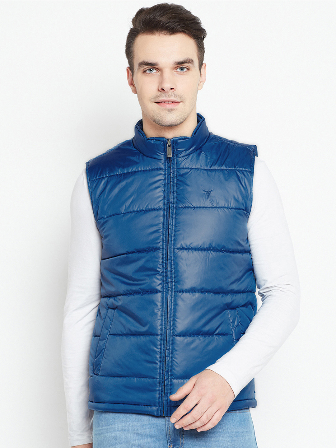Buy Van Heusen Men Blue Solid Sleeveless Quilted Jacket - Jackets for ...