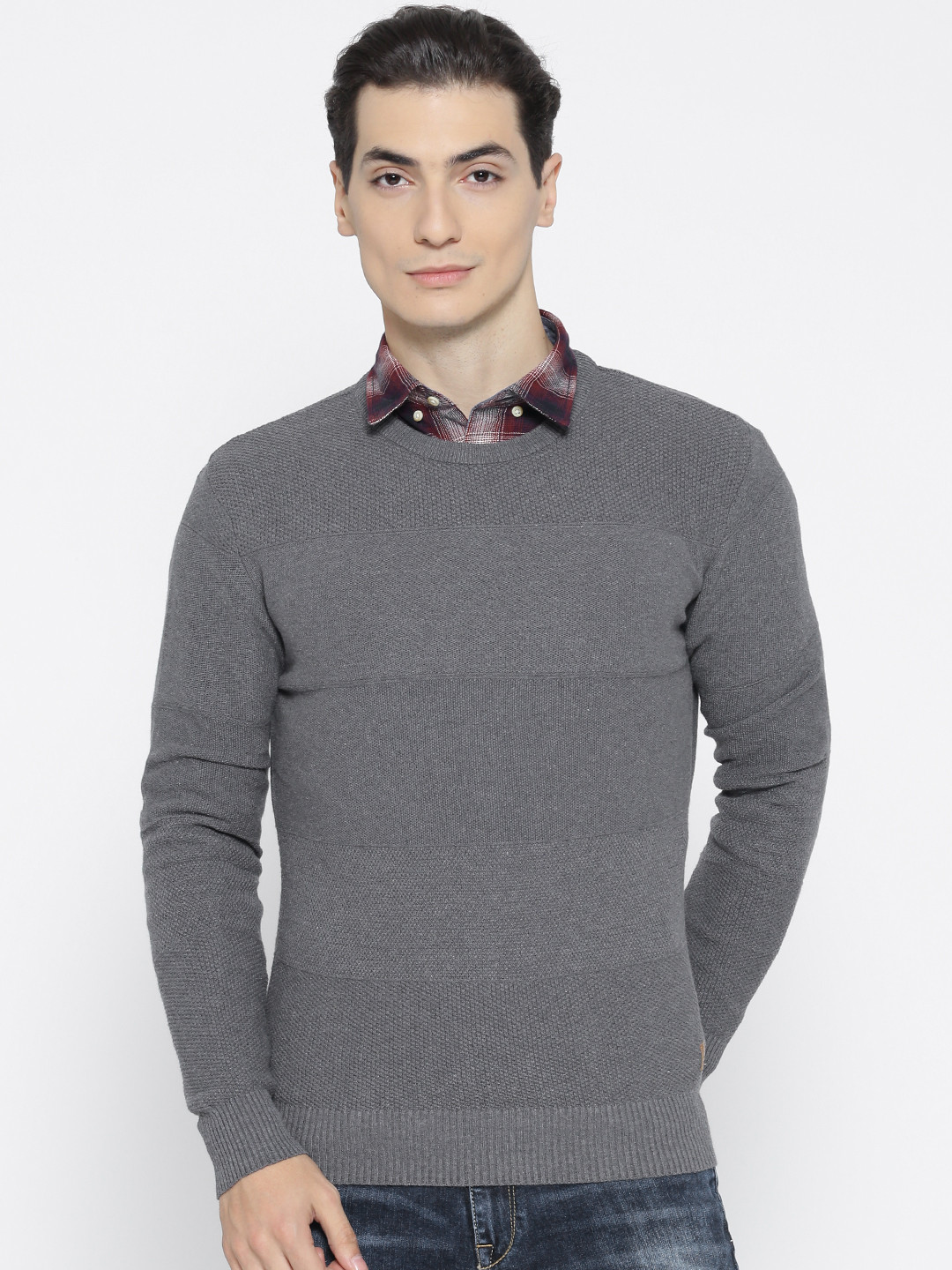 Buy Indian Terrain Men Grey Self Design Sweater - Sweaters for Men ...