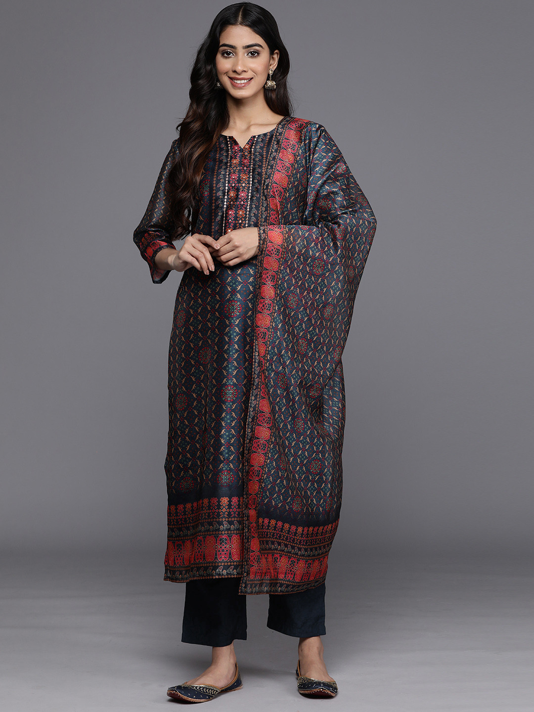 Buy Varanga Floral Printed Regular Sequinned Chanderi Silk Kurta With ...
