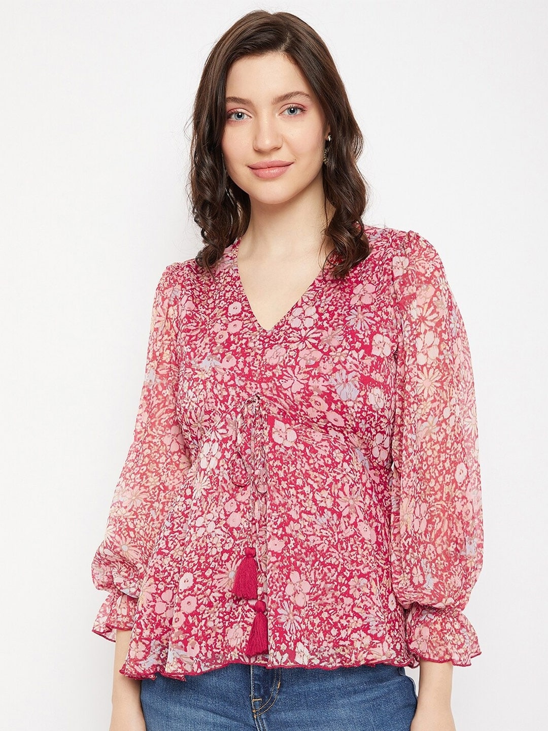 Buy Antheaa Floral Printed Puff Sleeve Peplum Top Tops For Women