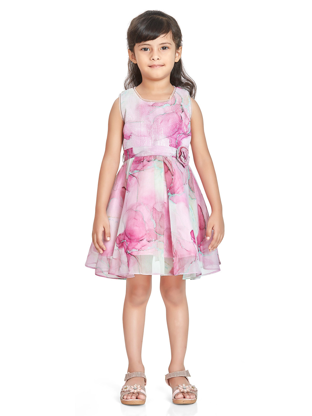 Buy Peppermint Girls Floral Printed Sequined Fit & Flare Dress With ...