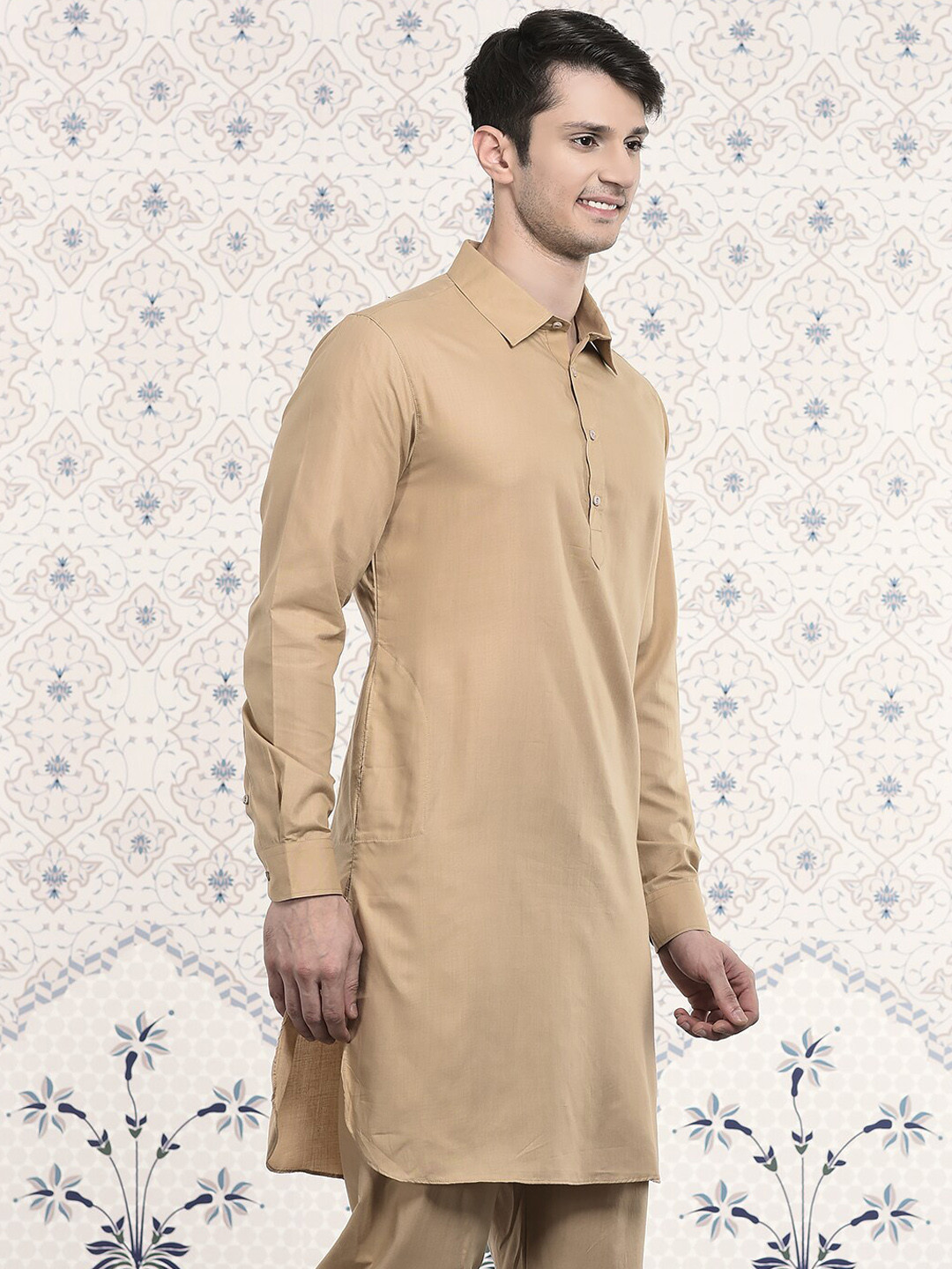 Buy Ode By House Of Pataudi Brown Shirt Collar Pathani Kurta - Kurtas ...