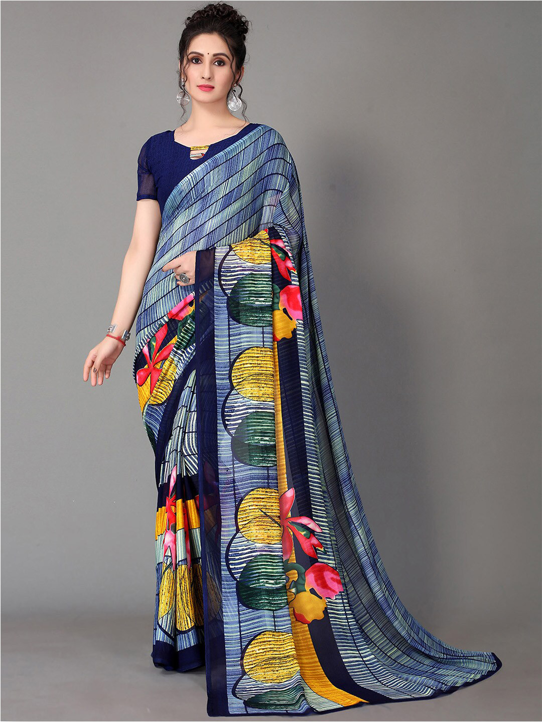 Buy GORGONE Abstract Printed Poly Georgette Saree - Sarees for Women ...