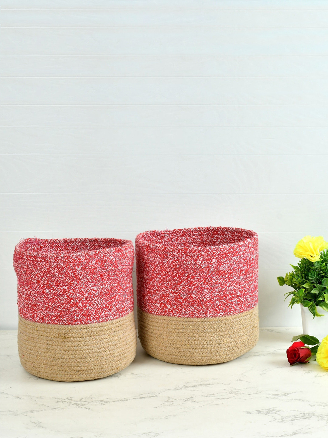 Buy Homefab India Red & Brown 2 Pieces Woven Cotton Planters Baskets ...