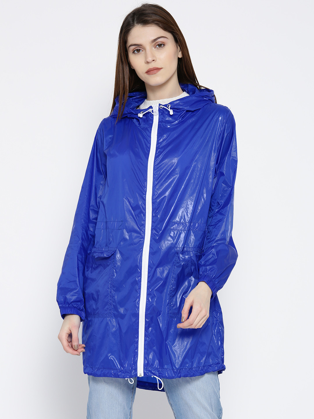 Buy FOREVER 21 Women Blue Solid Rain Jacket - Rain Jacket for Women ...