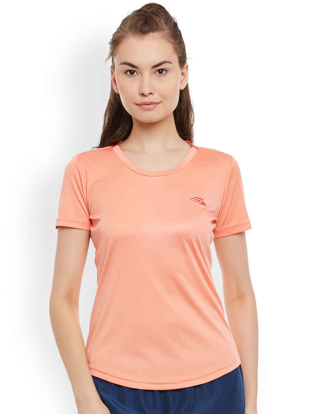Buy PERF Women Peach Coloured Solid Round Neck T Shirt - Tshirts for ...