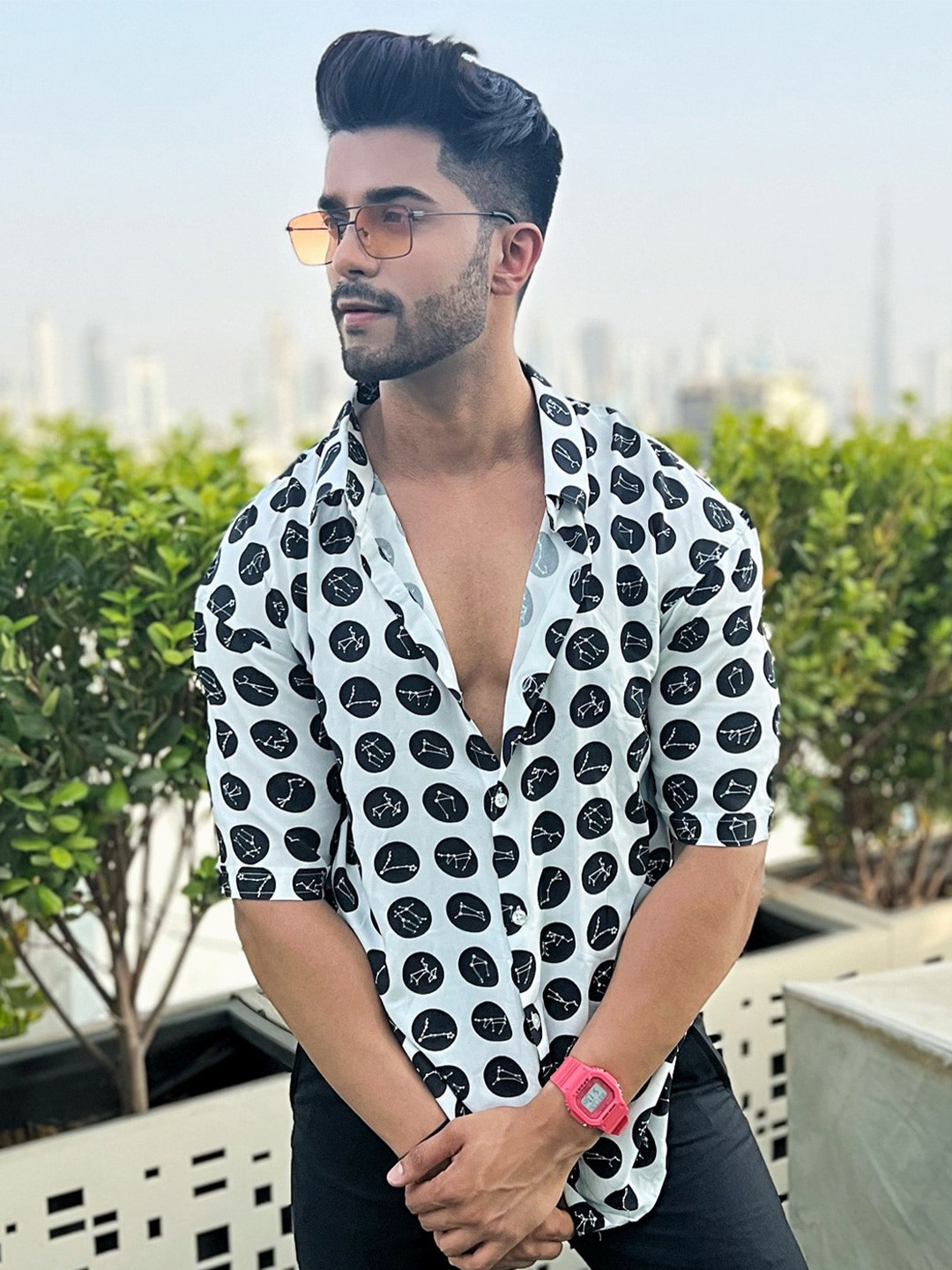 Buy Powerlook White & Black Geometric Printed Boxy Casual Shirt ...