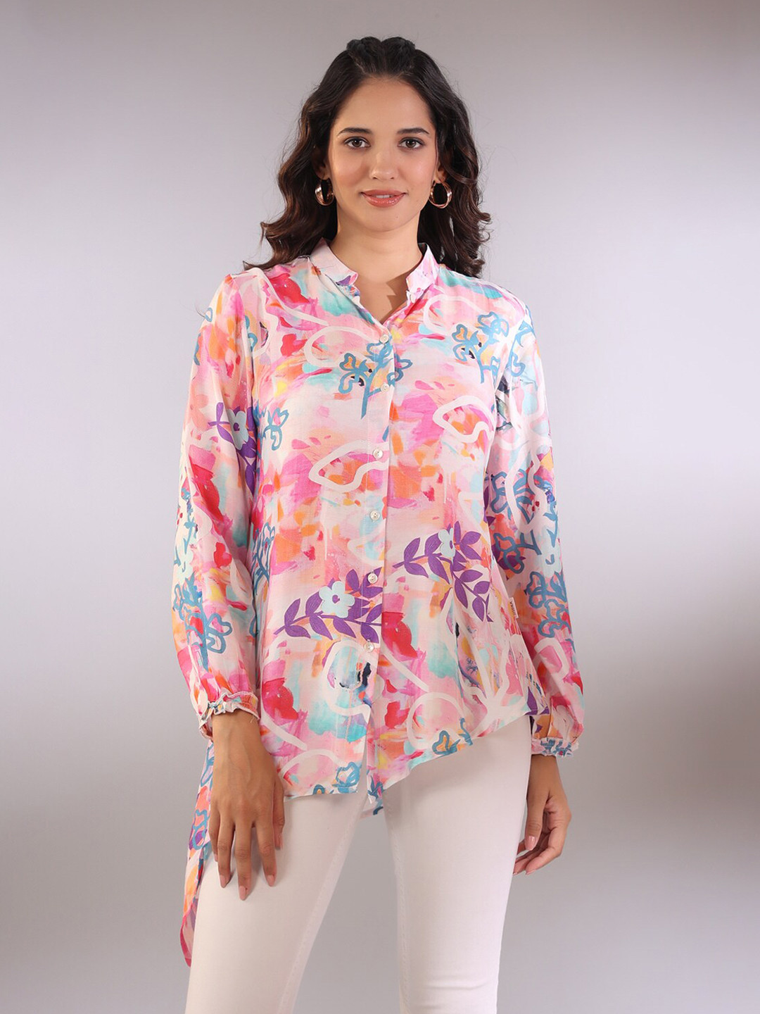 Buy JISORA Pink & Blue Floral Print Shirt Style Top - Tops for Women ...
