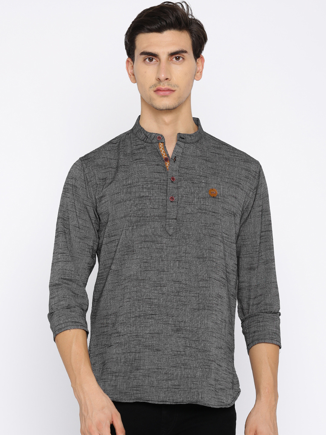 Buy Freehand Men Charcoal Grey Solid Straight Kurta - Kurtas for Men ...