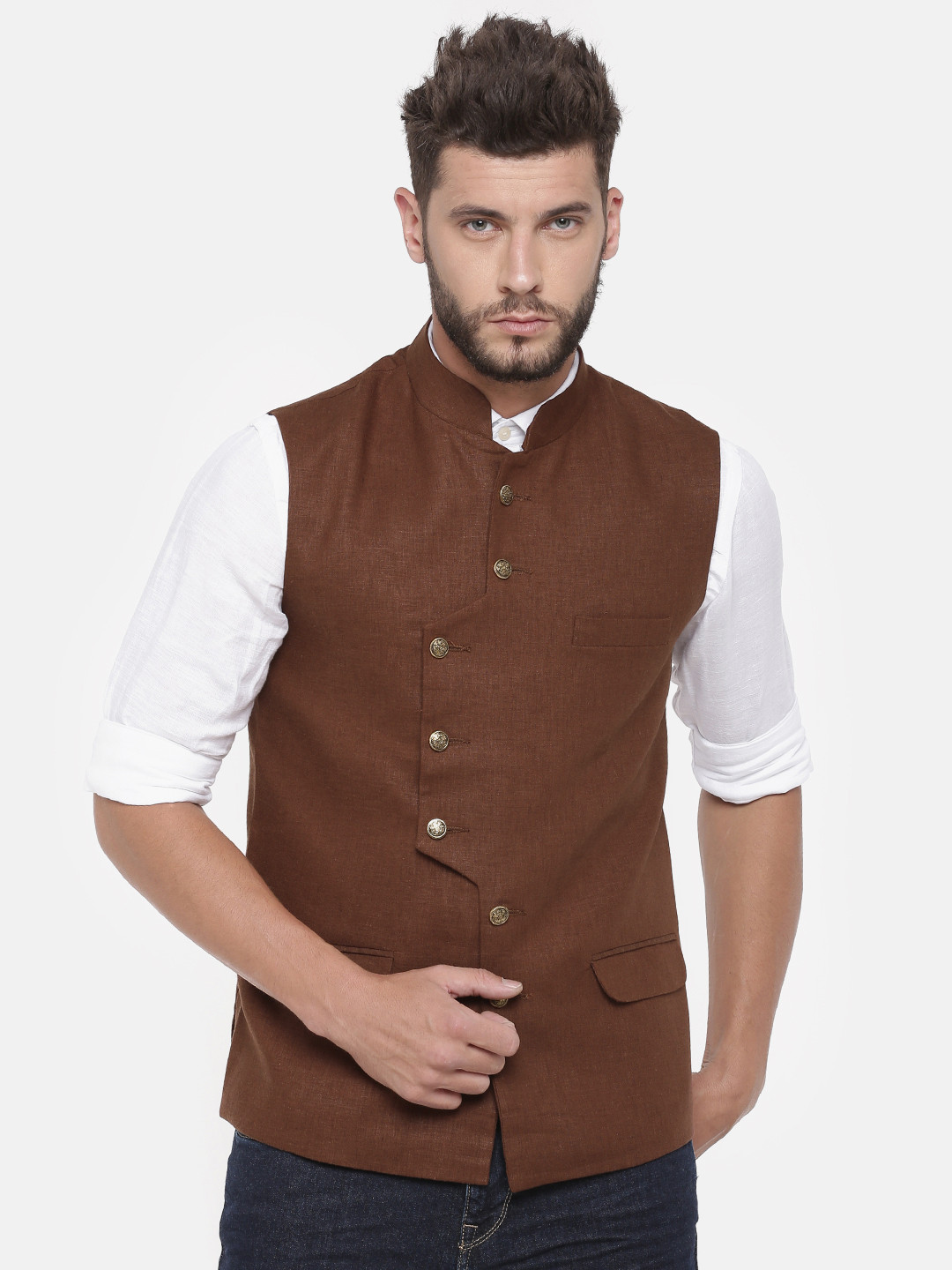 Buy The Indian Garage Co Brown Slim Fit Solid Pure Cotton Nehru Jacket ...