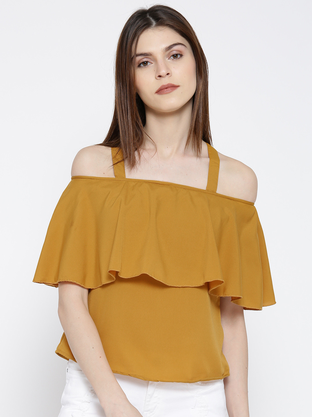 Buy U&F Women Mustard Yellow Solid Layered Bardot Top - Tops for Women ...