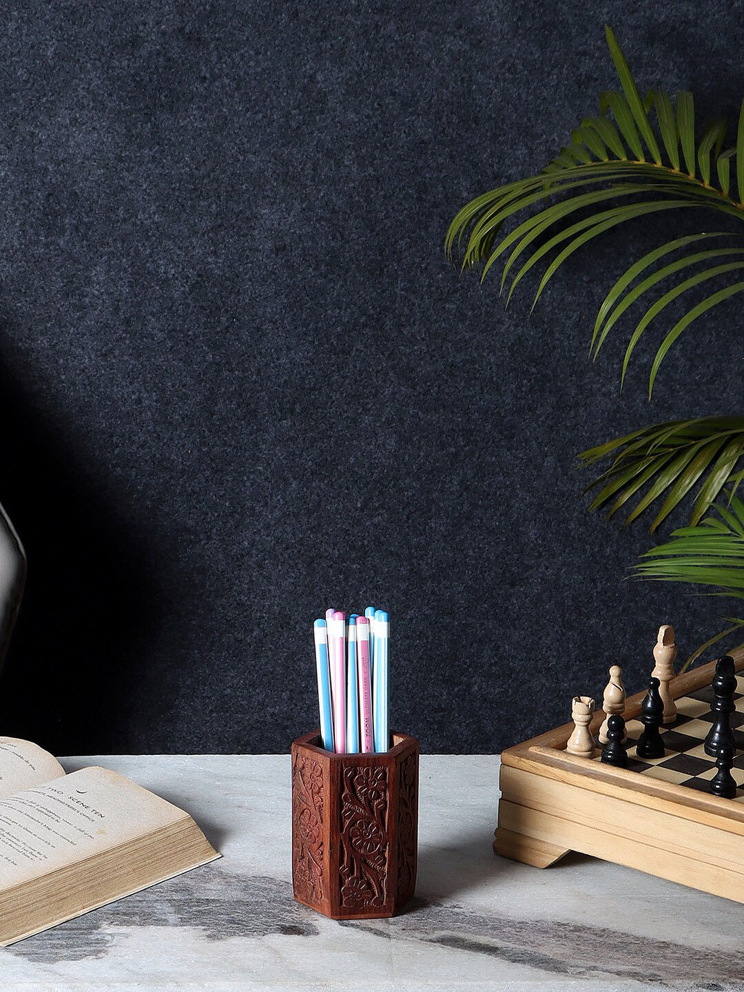 Buy EXIM DECOR Brown Sheesham Wood Carving Hexagon Pen Stand Showpiece ...