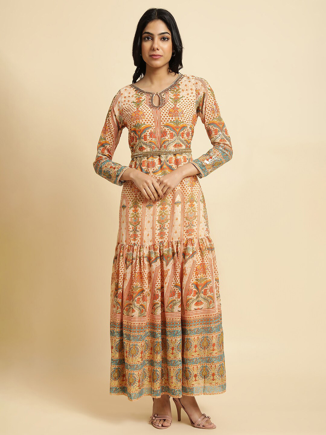 Buy W Beige Floral Print Maxi Ethnic Dress - Ethnic Dresses for Women ...