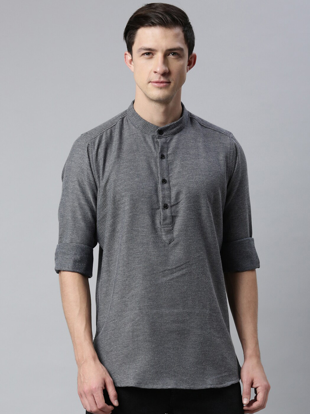 Buy Cross Court Woven Design Mandarin Collar Cotton Straight Kurta ...