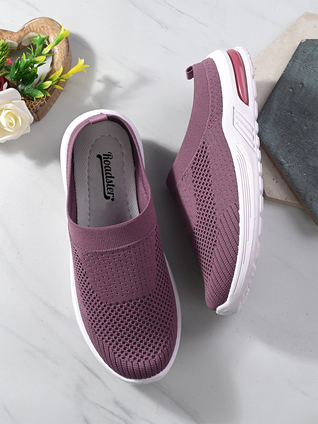 Buy Roadster Women Mauve Woven Design Mesh Non Marking Walking Mules ...