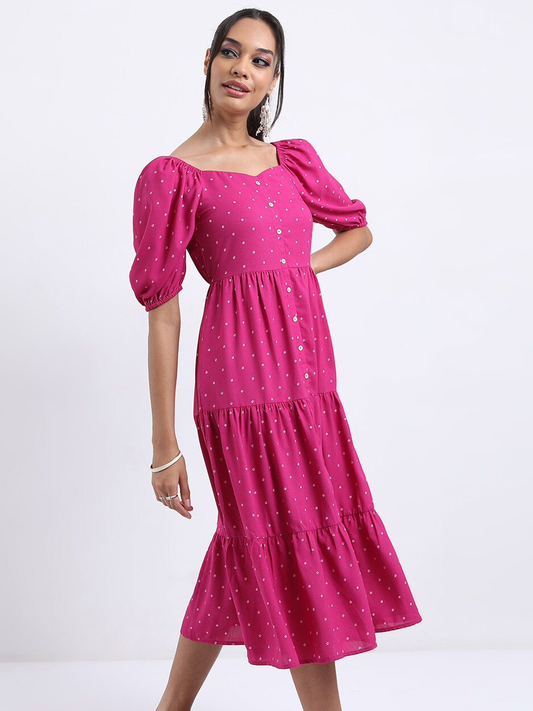 Buy Vishudh Magenta Ethnic Motifs Printed Sweetheart Neck Tiered A Line ...