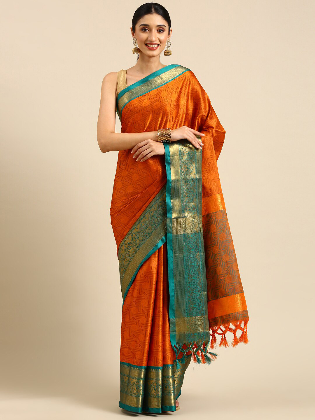 Buy Anouk Rust & Green Ethnic Motifs Woven Design Zari Silk Blend ...