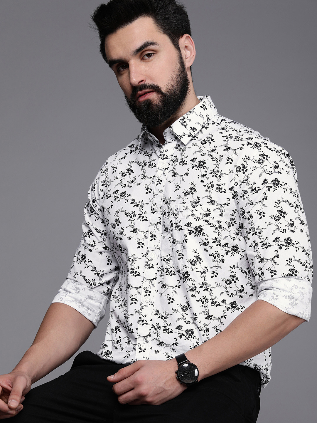 Buy Raymond Men Slim Fit Floral Printed Pure Cotton Casual Shirt ...