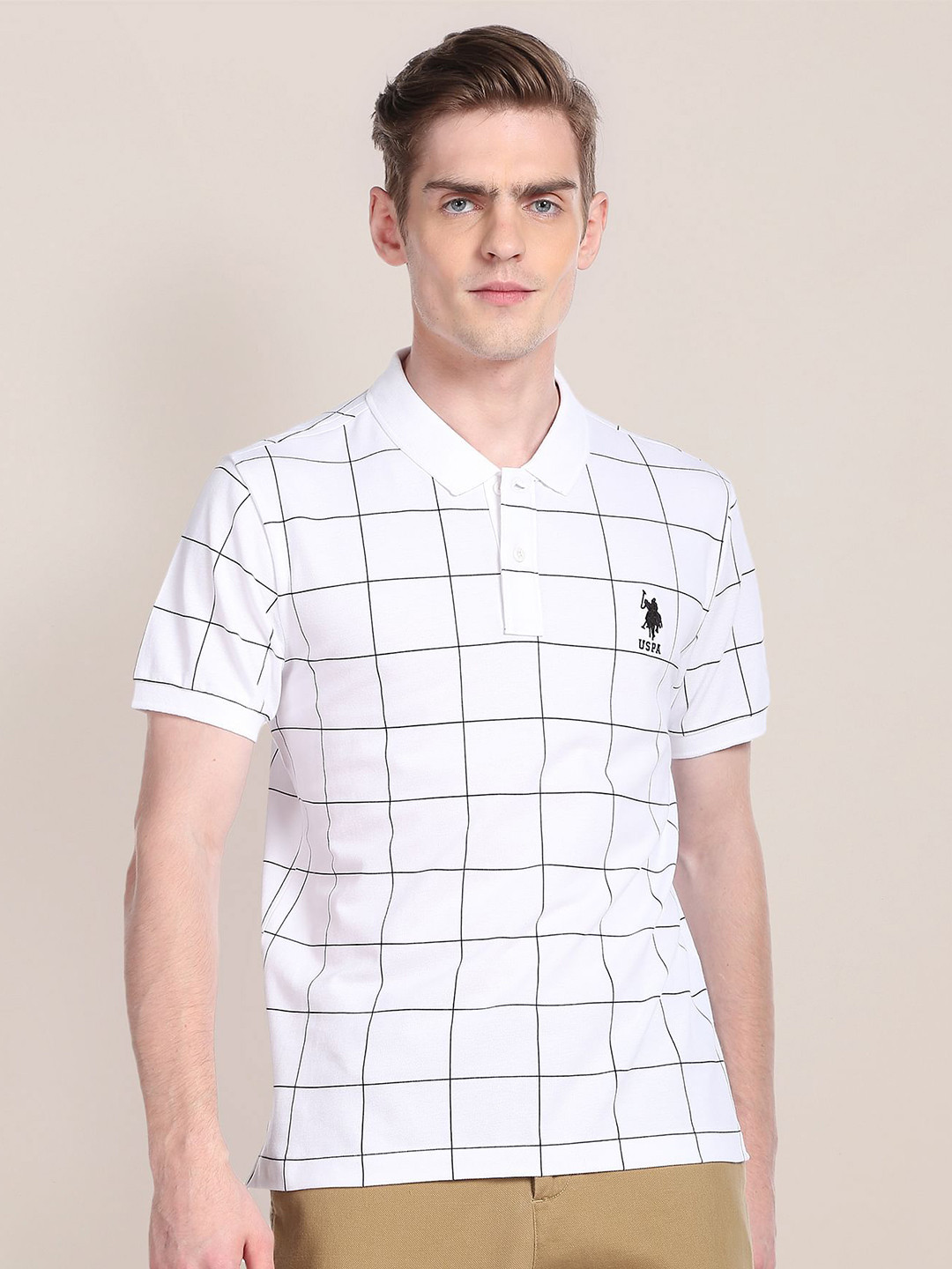 Buy U.S. Polo Assn. Checked Polo Collar Slim Fit Pure Cotton T Shirt ...