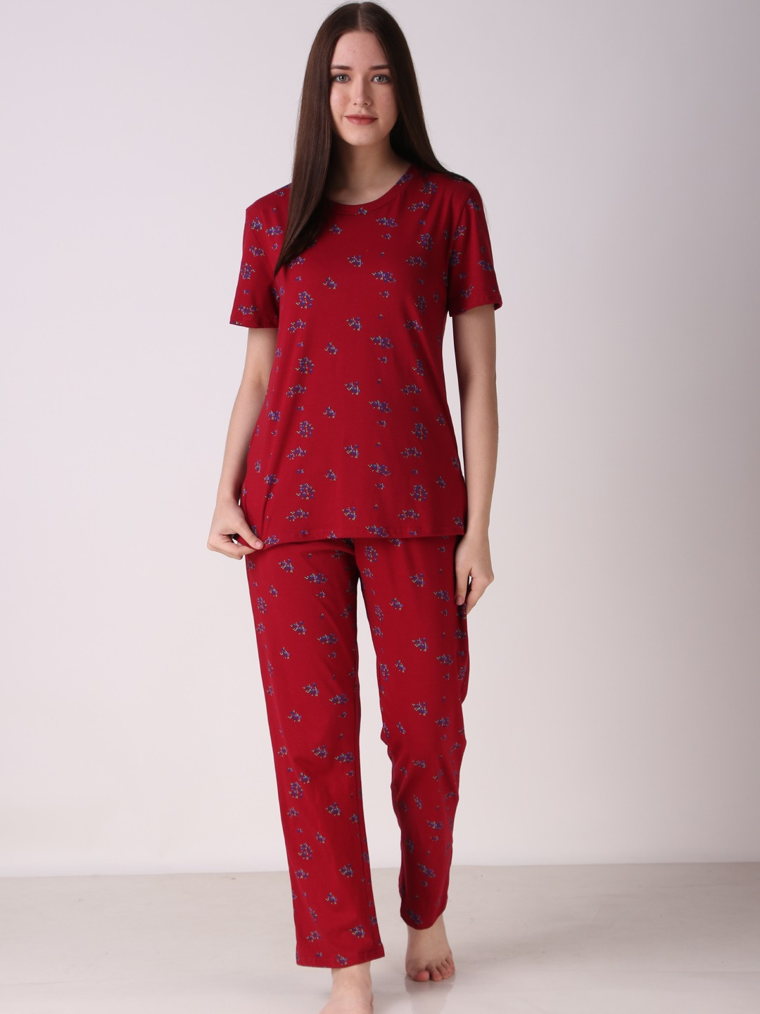 Buy Masha Navy Blue Floral Printed Pure Cotton Night Suit - Night Suits ...
