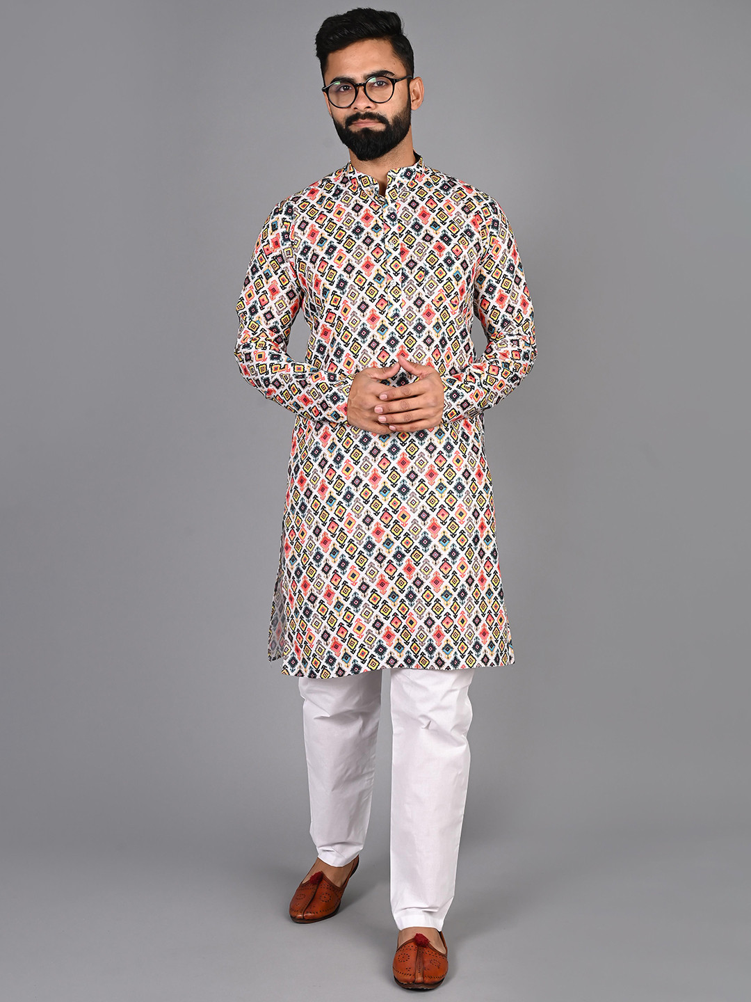 Buy FUBAR Geometric Printed Mandarin Collar Regular Pure Cotton Kurta ...