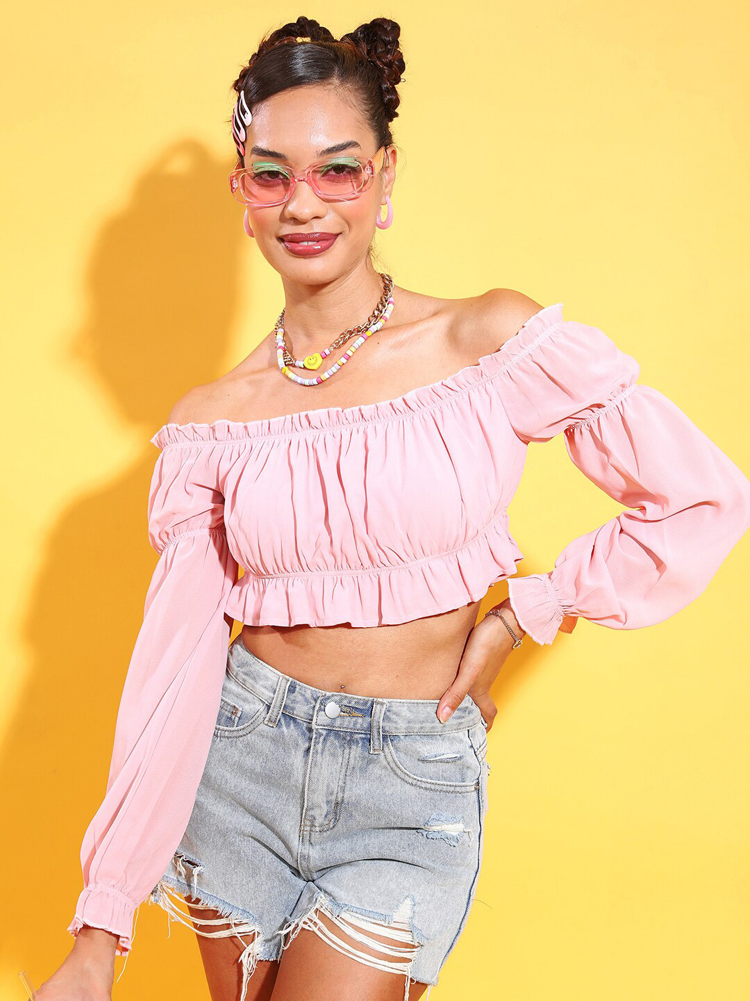 Buy Tokyo Talkies Pink Off Shoulder Gathered Puff Sleeve Bardot Crop ...