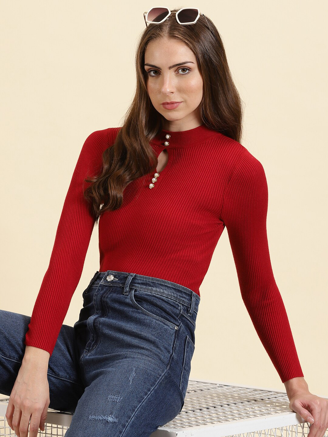 Buy SHOWOFF Ribbed Acrylic Long Sleeves Fitted Top - Tops for Women ...