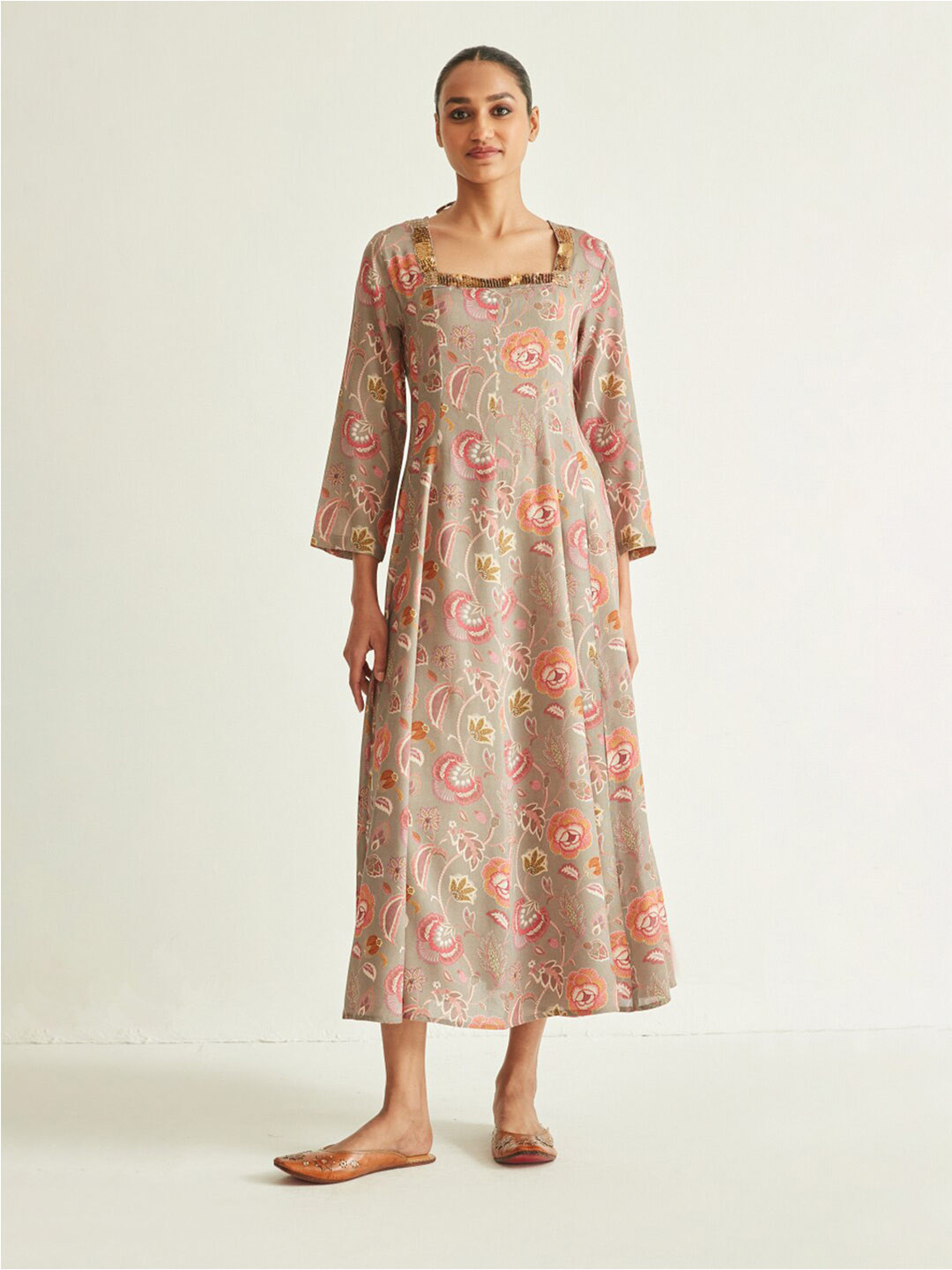 Buy Ancestry Floral Printed Square Neck A Line Midi Dress - Dresses for ...
