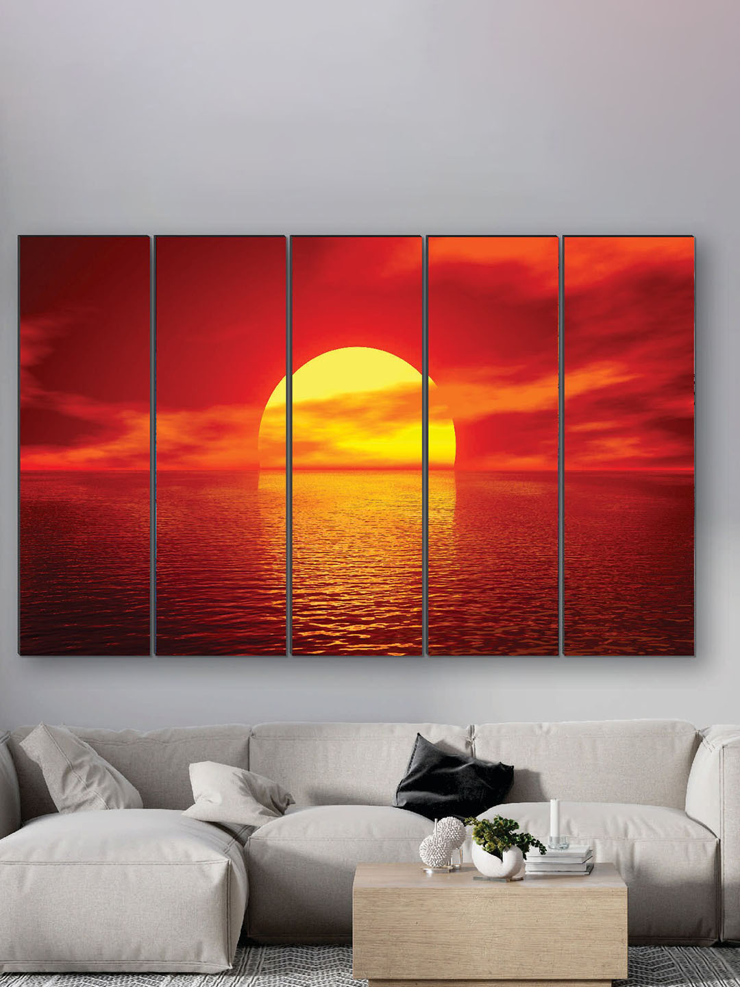 Buy SAF Yellow & Red 5 Pieces Sunrise UV Textured MDF Wall Art Painting ...