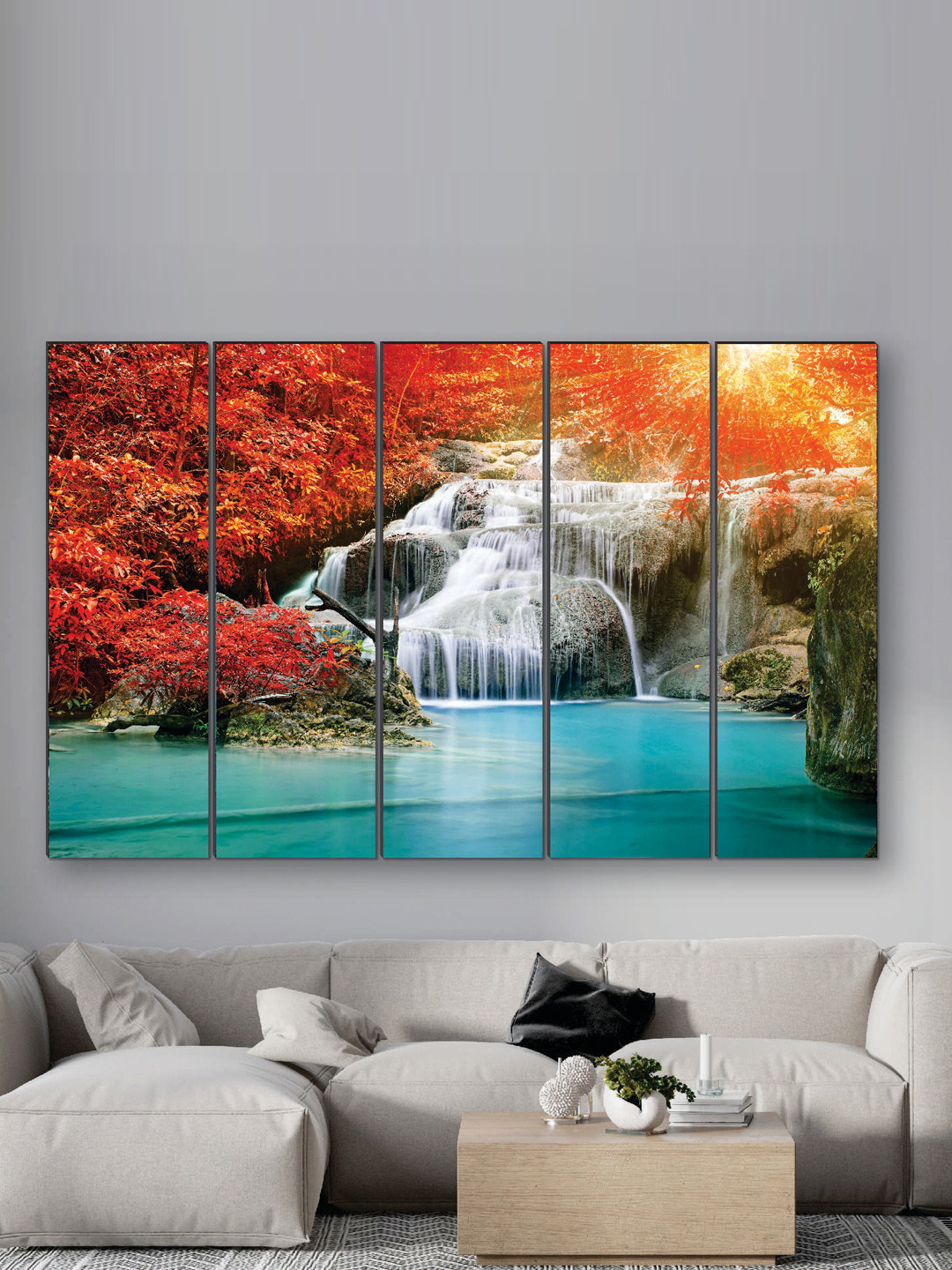 Buy SAF Orange Colored & White 5 Pieces Waterfall UV Textured Painting ...