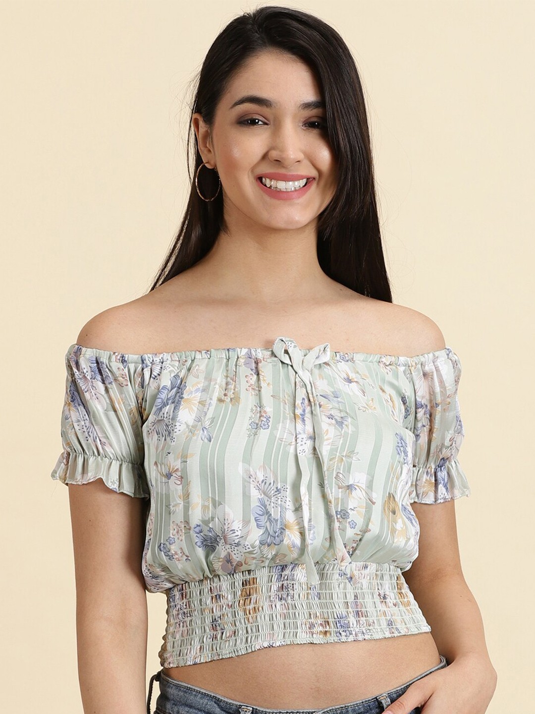 Buy Showoff Floral Printed Off Shoulder Cinched Waist Crop Top Tops