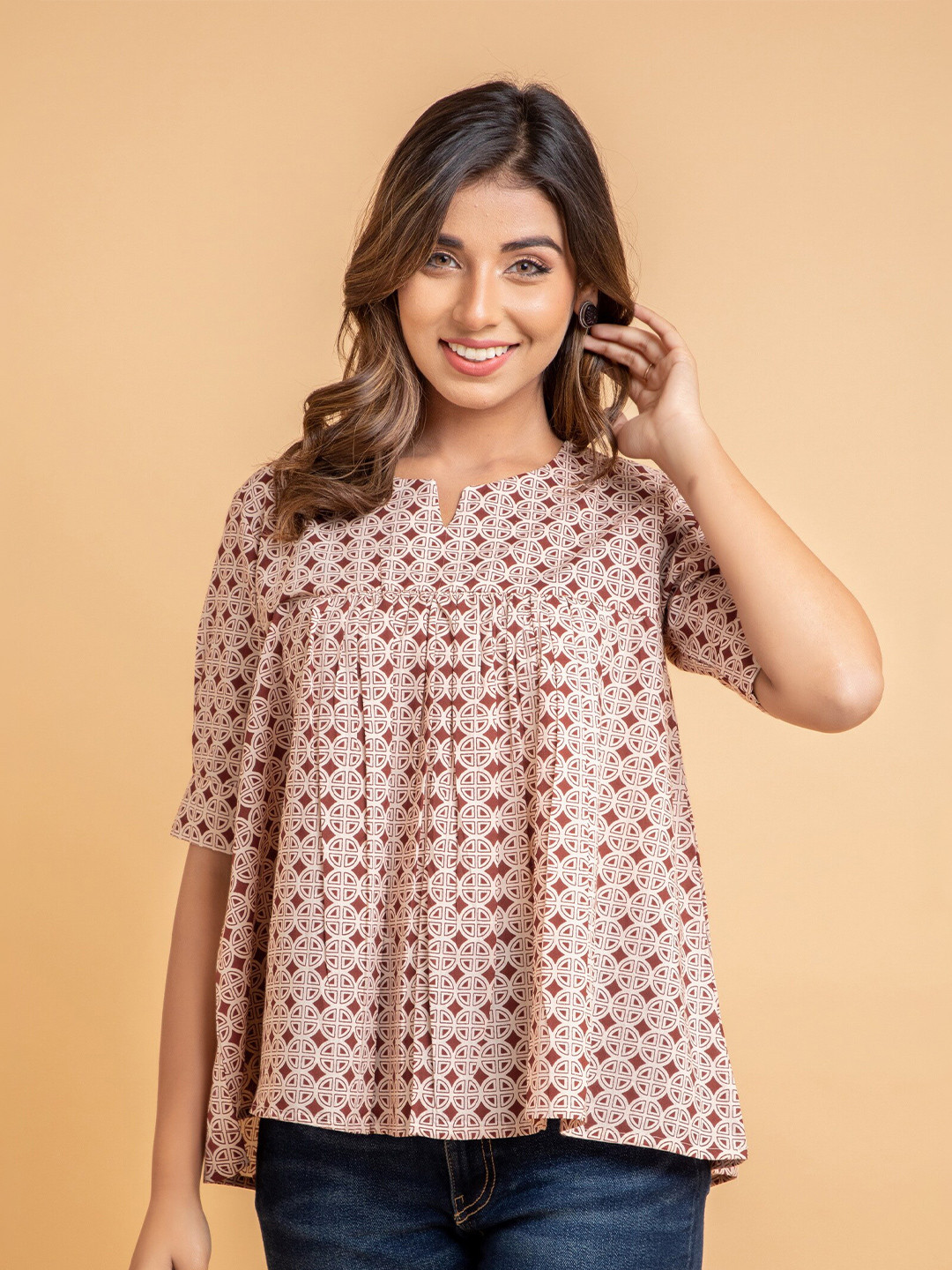 Buy SUTI Geometric Printed Notched Neck Cotton A Line Top - Tops for ...