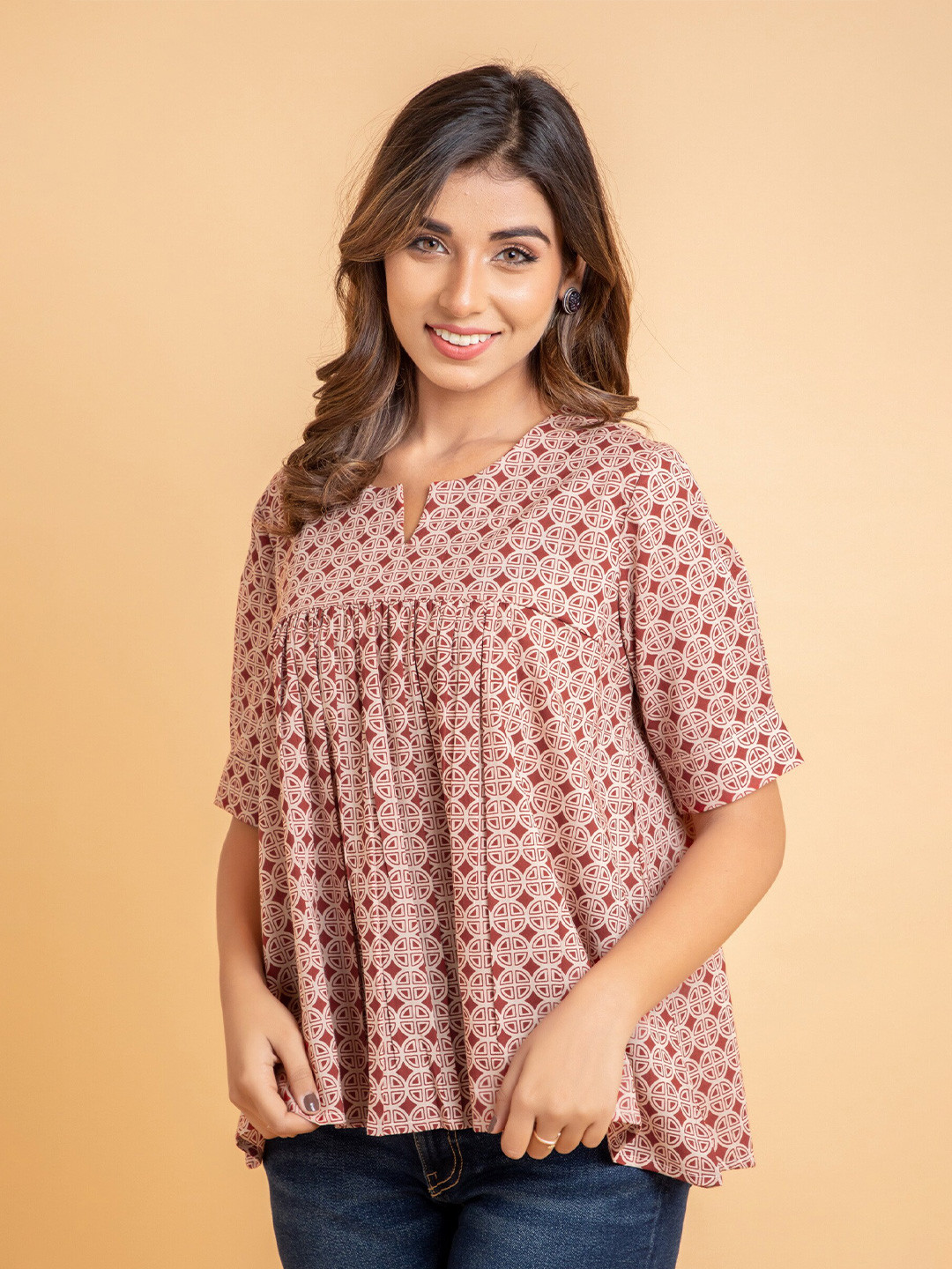 Buy SUTI Ethnic Motifs Printed Notched Neck Cotton Top - Tops for Women ...