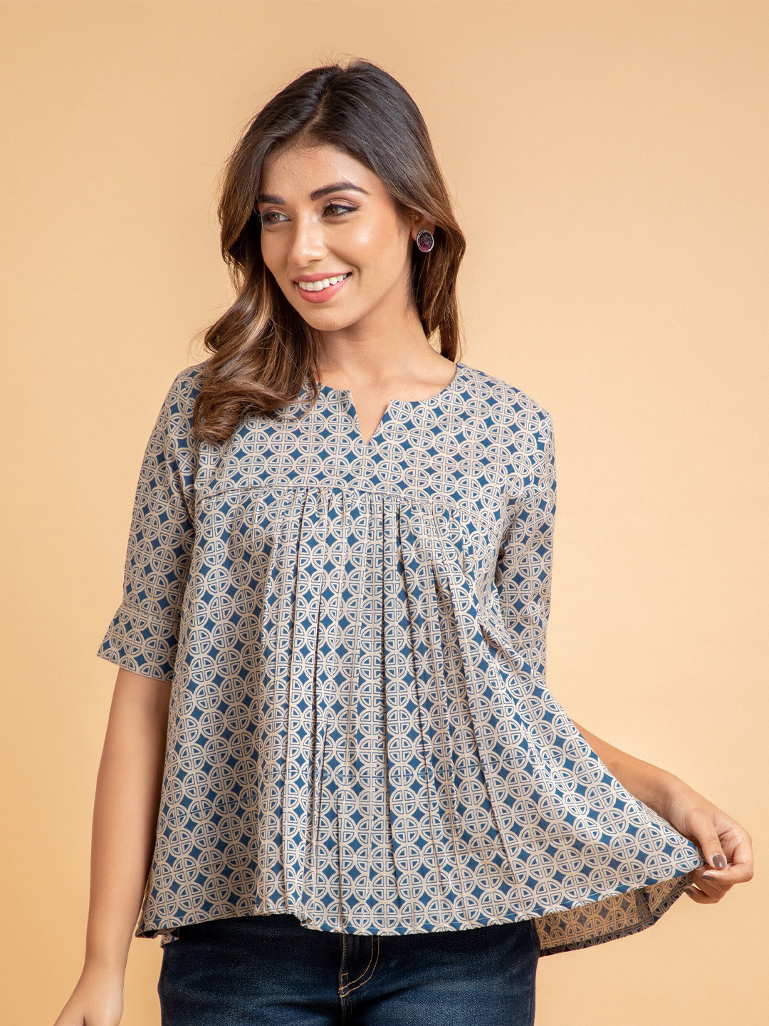 Buy SUTI Geometric Printed Notched Neck Cotton Top - Tops for Women ...