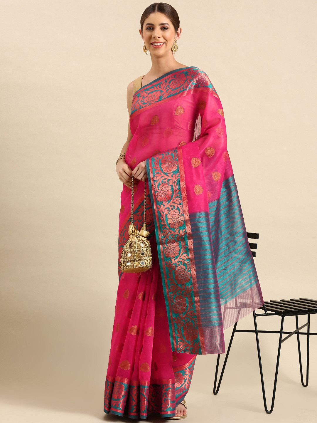 Buy SHANVIKA Ethnic Motifs Zari Chanderi Saree - Sarees for Women ...