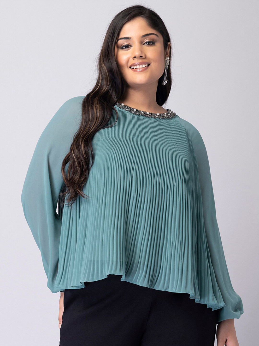 Buy FabAlley Curve Plus Size Boat Neck Georgette Long Sleeves Pleated ...