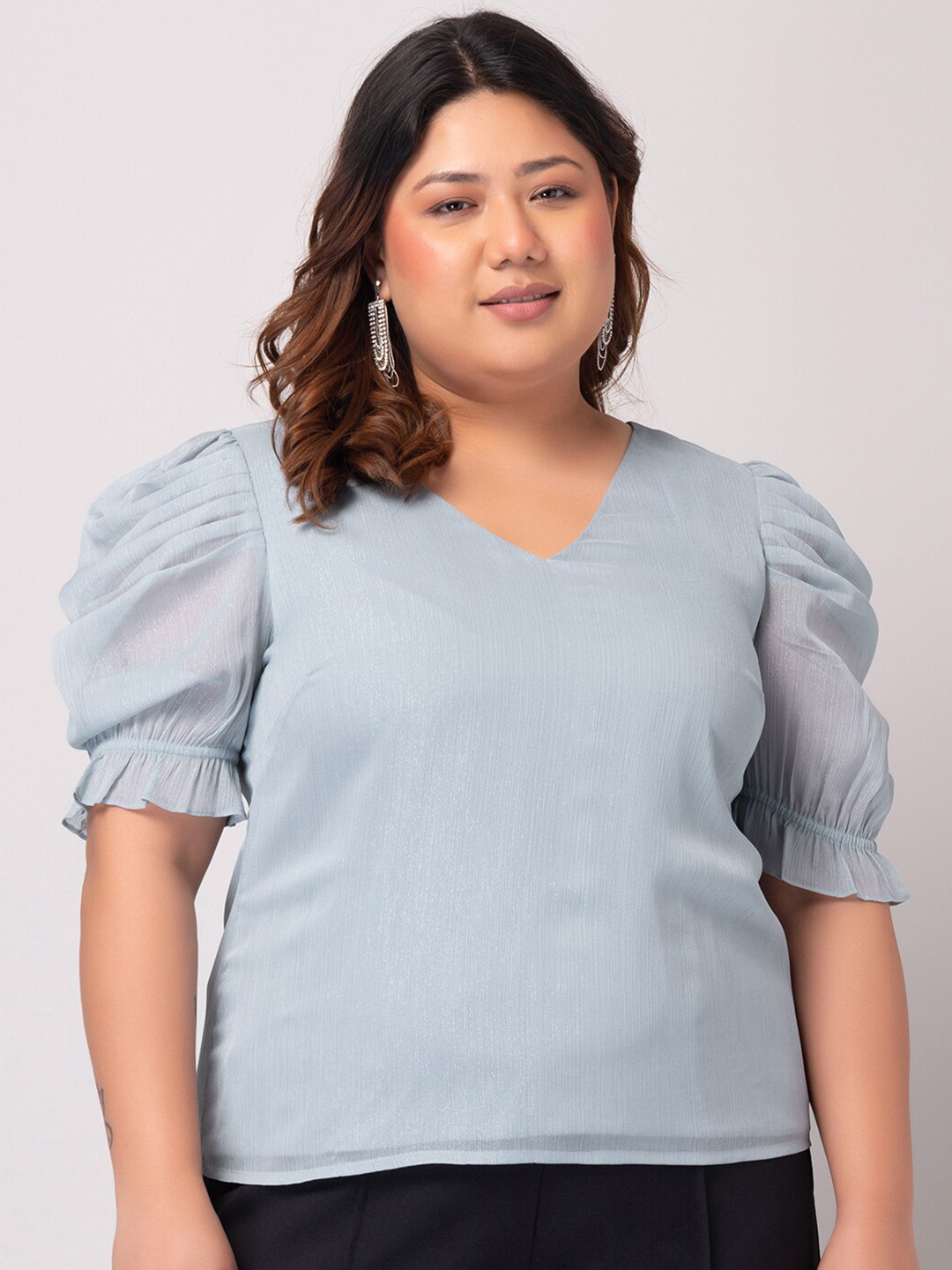 Buy FabAlley Curve Plus Size V Neck Georgette Puff Sleeves Top - Tops ...