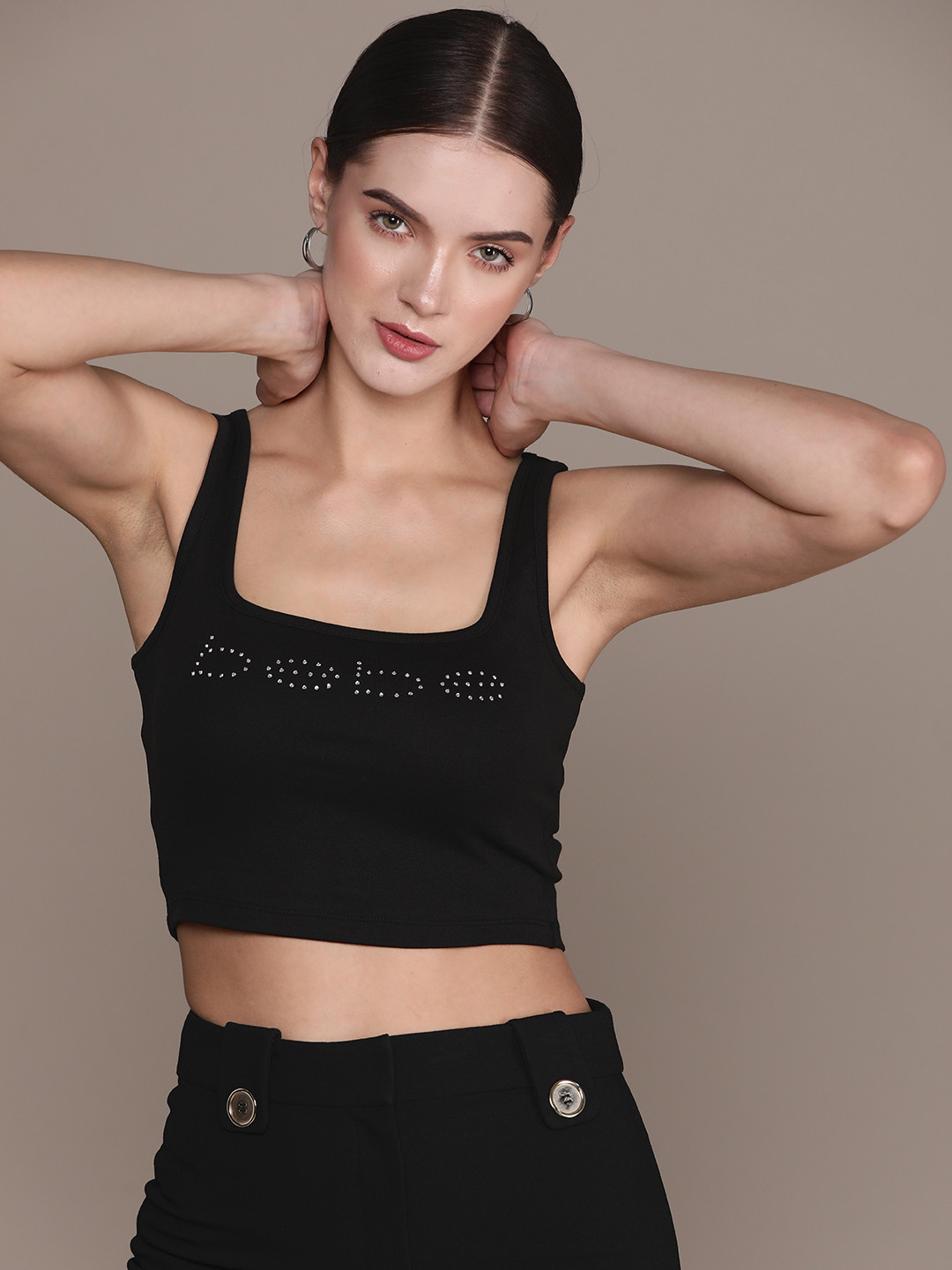 Buy Bebe Black All Day Brand Logo Embellished Fitted Crop Top - Tops ...