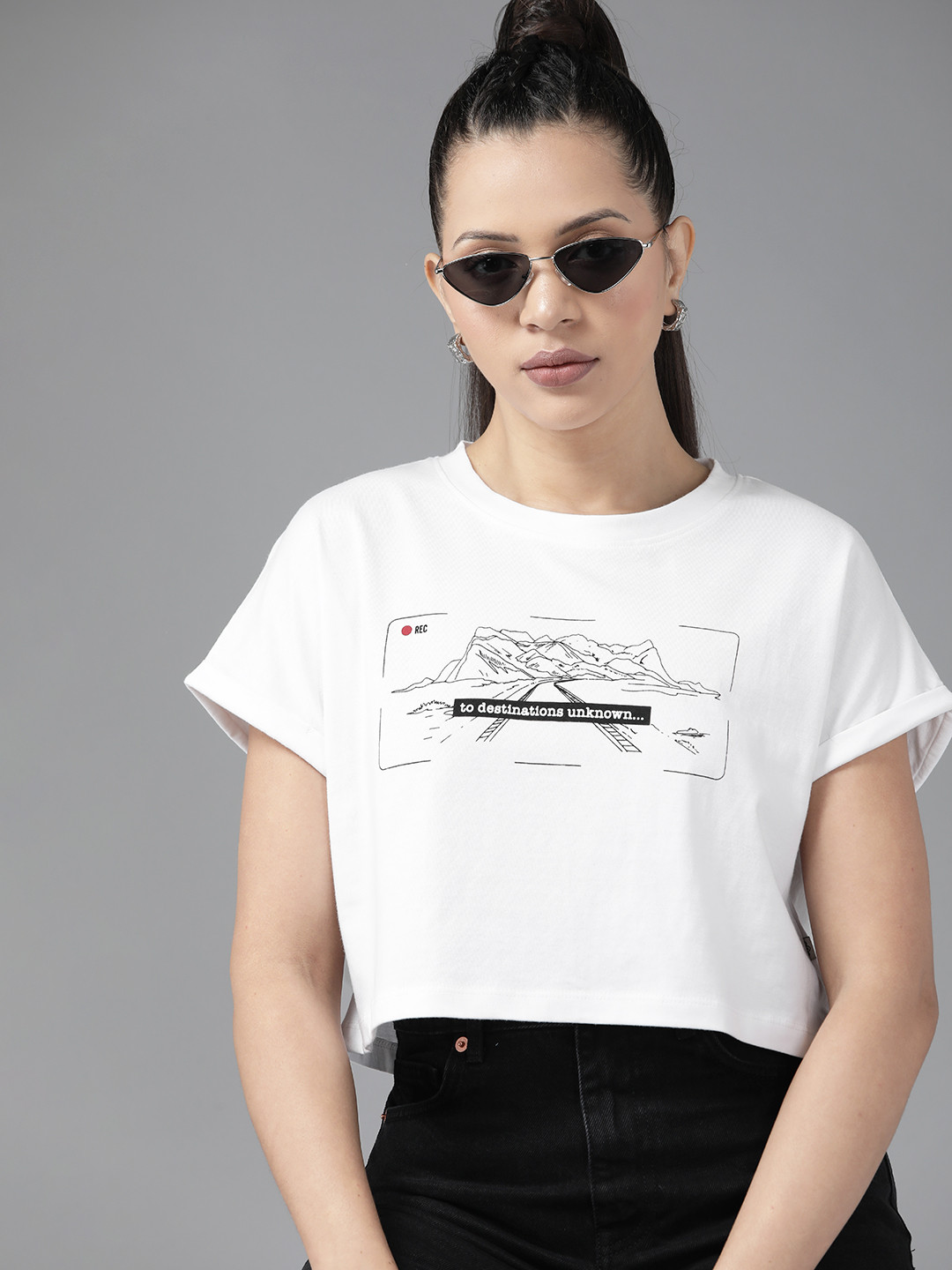 Buy Roadster Printed Extended Sleeves Cotton Boxy Crop Top - Tops for ...