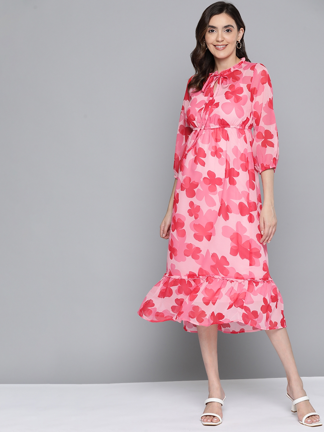 Buy Mast And Harbour Floral Print Tie Up Neck Puff Sleeves A Line Midi