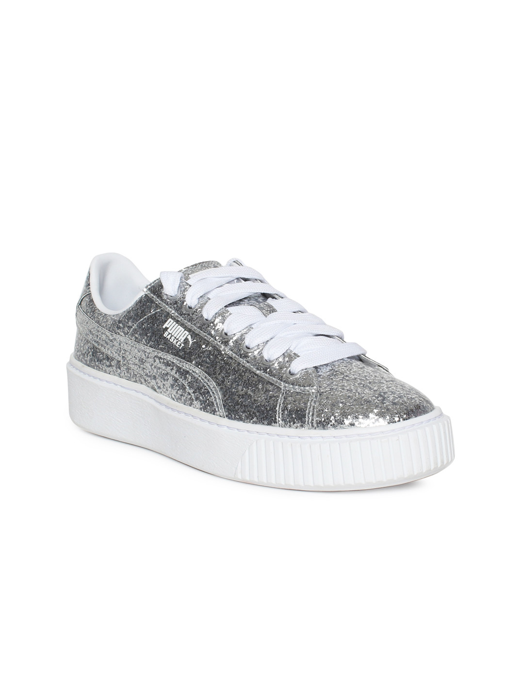 Buy Puma Women Silver Toned Basket PlatformGlitter Sneakers - Casual ...