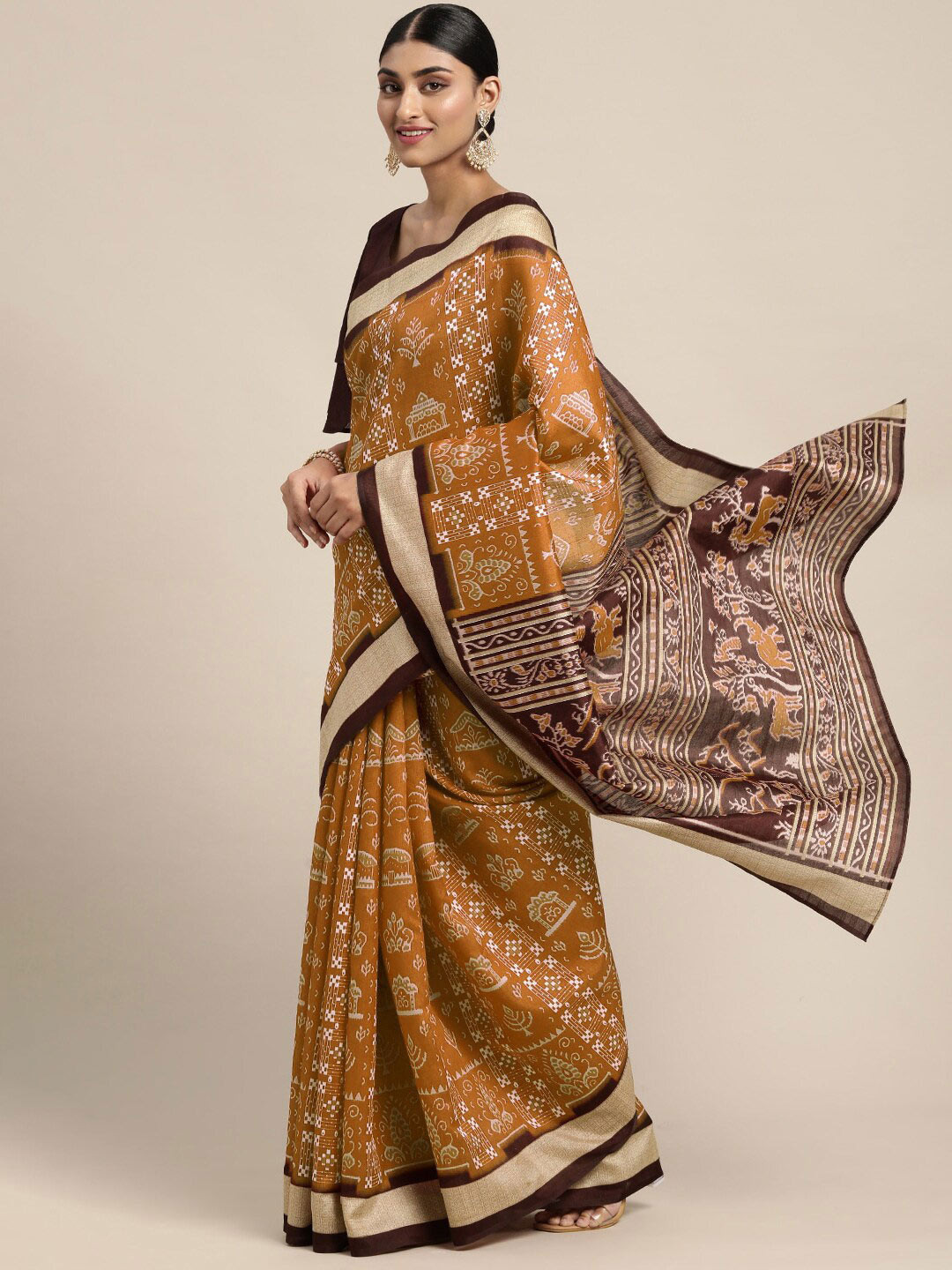 Buy Anouk Rustic Mustard & Brown Ethnic Motifs Printed Sambalpuri Saree ...