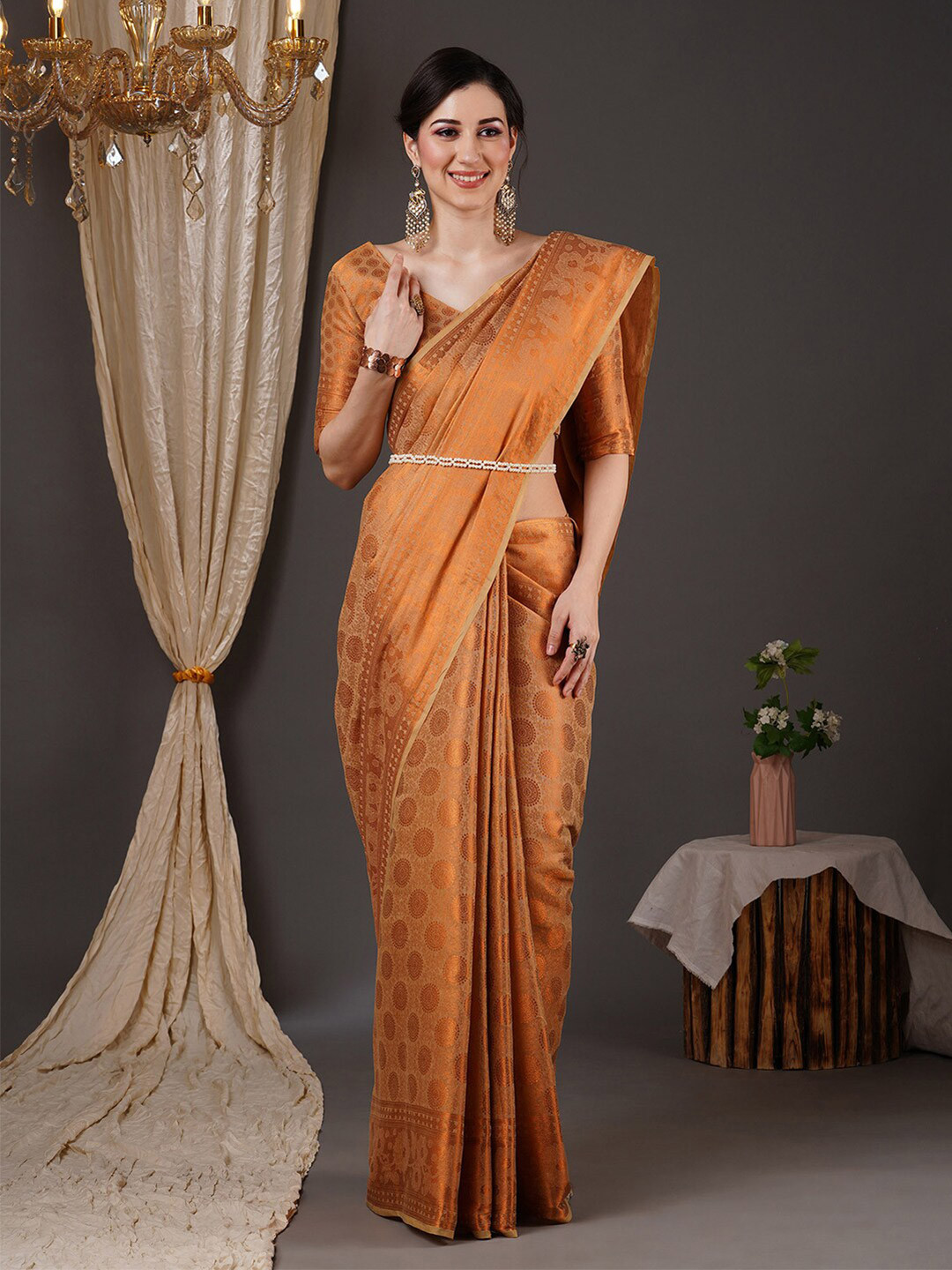 Buy Saree Mall Cream Coloured & Copper Toned Ethnic Motif Woven Design ...