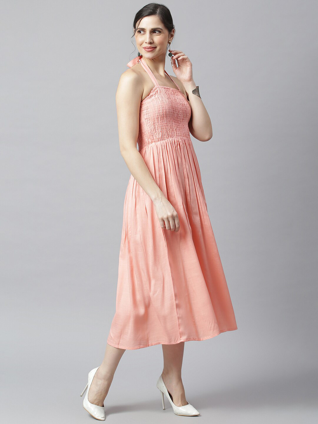 Buy METRO FASHION Smocked Halter Neck Fit & Flare Midi Dress - Dresses ...