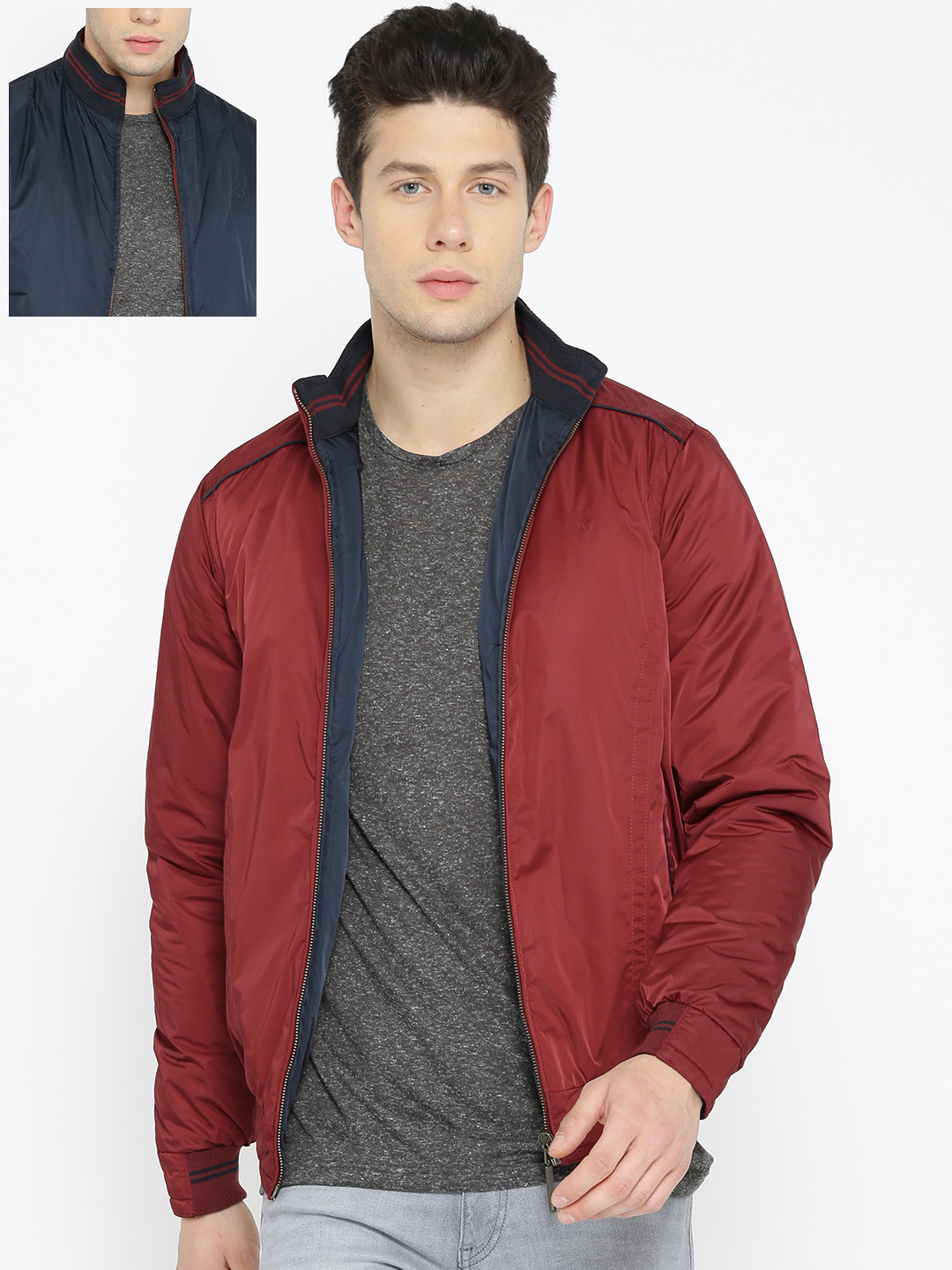 Buy Allen Solly Men Red & Navy Reversible Solid Bomber Jacket - Jackets ...