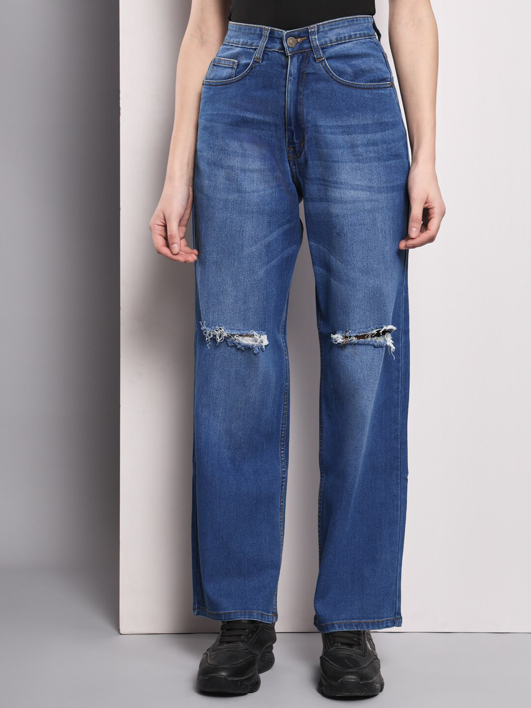 Buy GUTI Women High Rise Slash Knee Light Fade Stretchable Flared Jeans ...